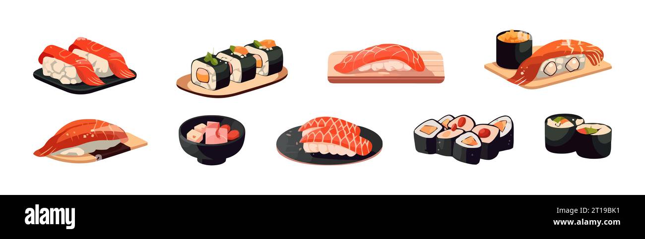 Set of sushi, flat cartoon isolated on white background. Vector ...