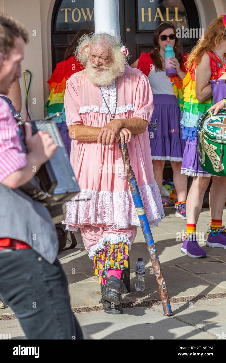 A bearded Morris Dancer wearing a pink smock at The Tenterden Folk ...