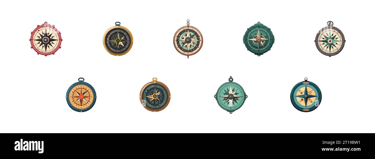 Compass set flat cartoon isolated on white background. Vector ...