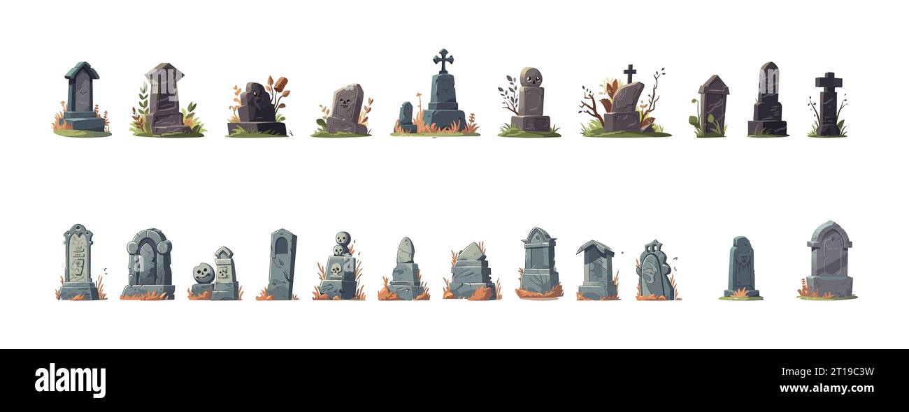 Tombstone set flat cartoon isolated on white background. Vector isometric illustration Stock ...