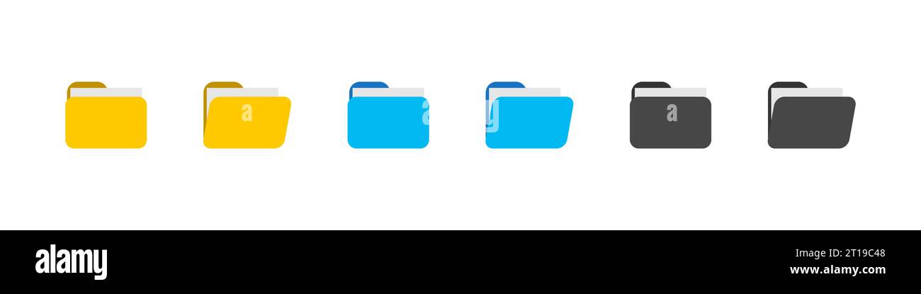 Folder with documents. Open and close file. Archive yellow, blue and black flat icon. Vector ...