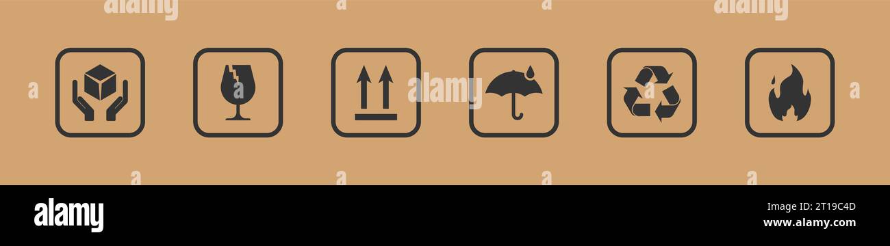 Packaging symbols set, icon on cardboard paper background. Warning ...
