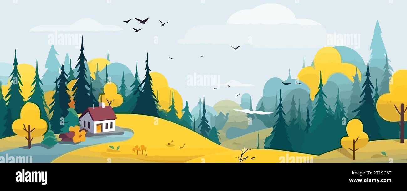 House forest landscape flat cartoon isolated on white background ...