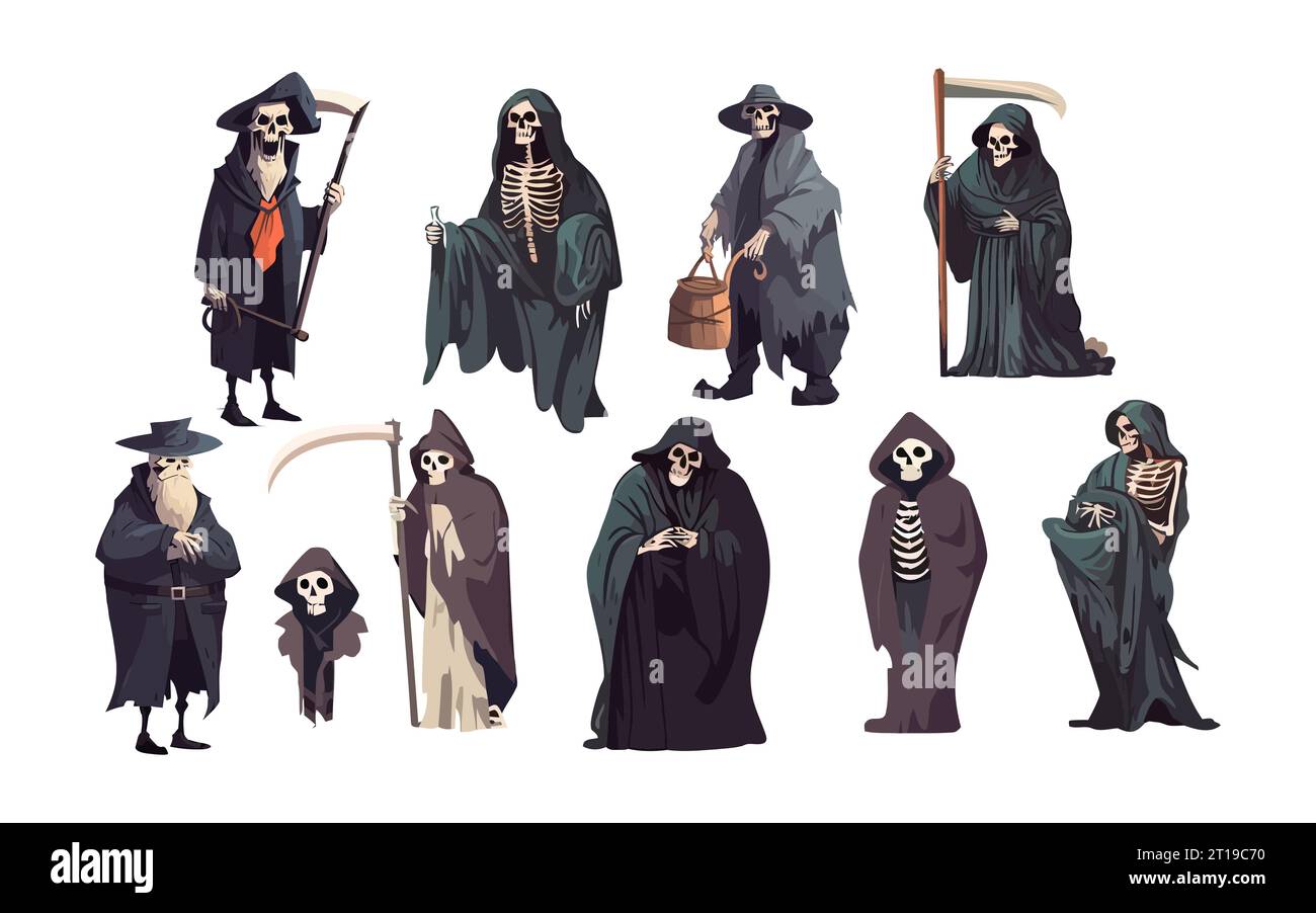 Skeleton death Halloween set flat cartoon isolated on white background ...