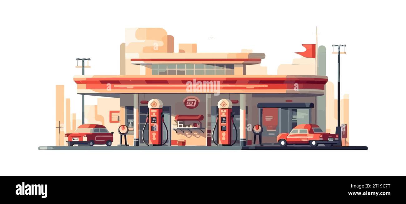 Gas station flat cartoon isolated on white background. Vector ...