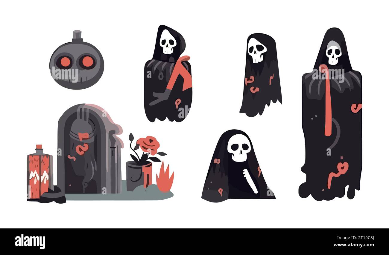 Skeleton death Halloween set flat cartoon isolated on white background ...