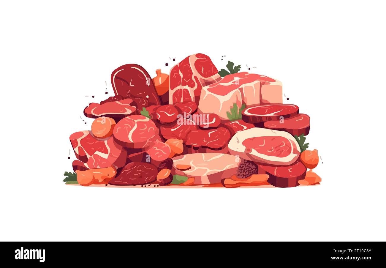 Raw meat products flat cartoon isolated on white background. Vector ...