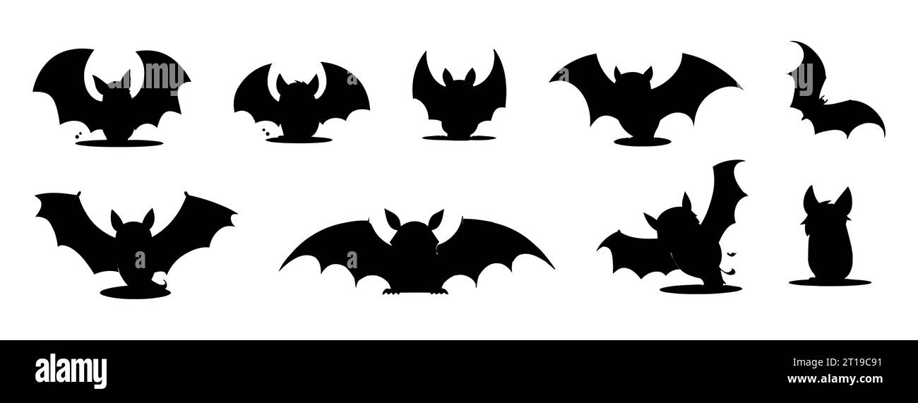 Black silhouette bat set isolated on white background. Vector ...