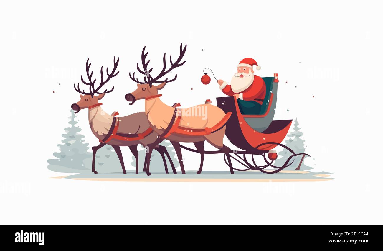 Santa Clausin sleigh with Christmas reindeer flat cartoon isolated on white background. Vector ...