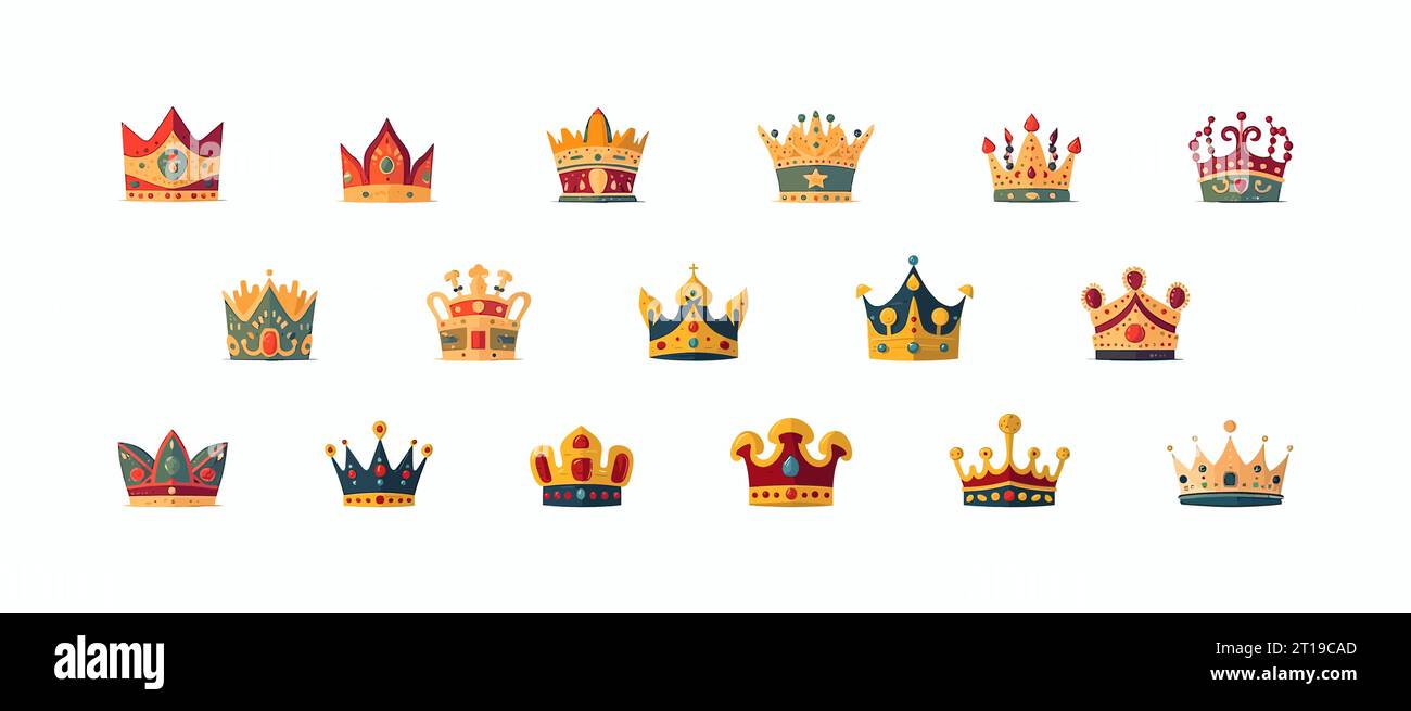 Crown set flat cartoon isolated on white background. Vector isometric ...