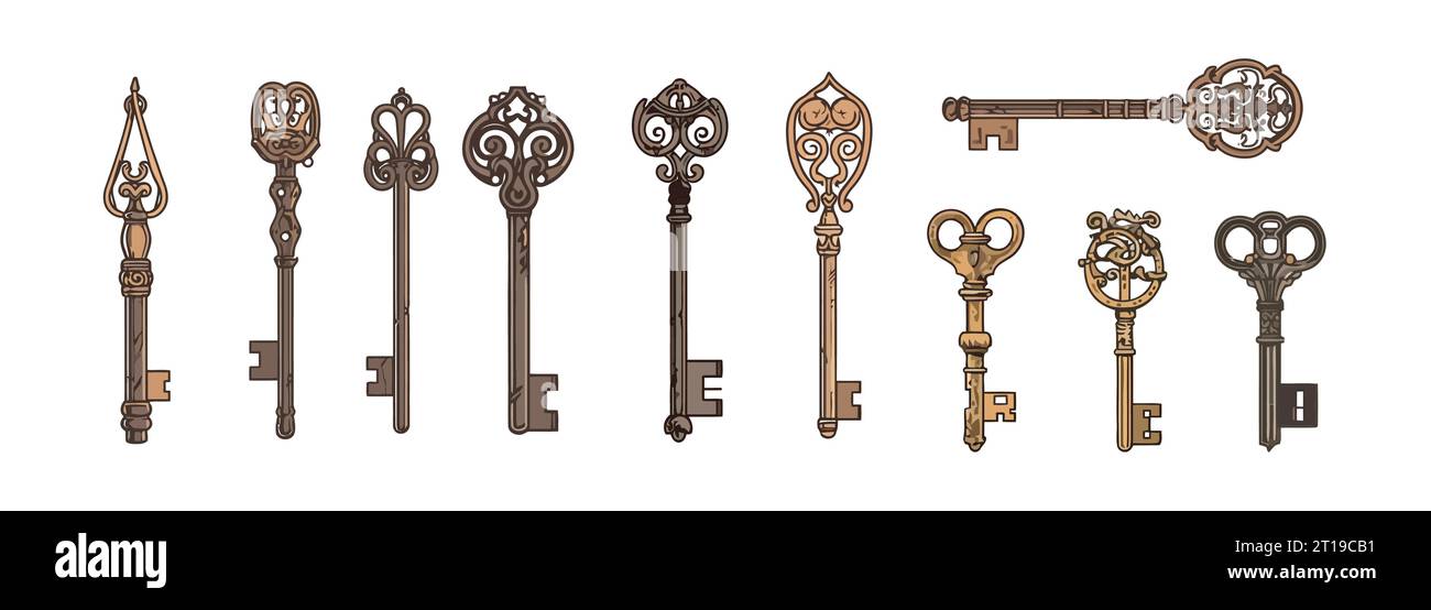 Vintage key set flat cartoon isolated on white background. Vector ...