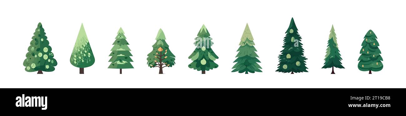 Christmas tree set flat cartoon isolated on white background. Vector ...