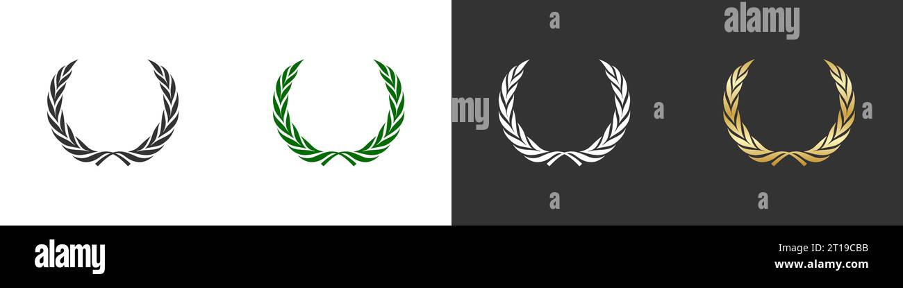 Laurel wreath icon set. Winner triumph symbol black, green and gold ...