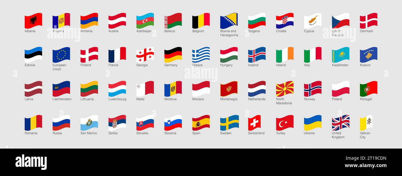 52 waving flags of European countries. Europe flag icon set. Flat ...