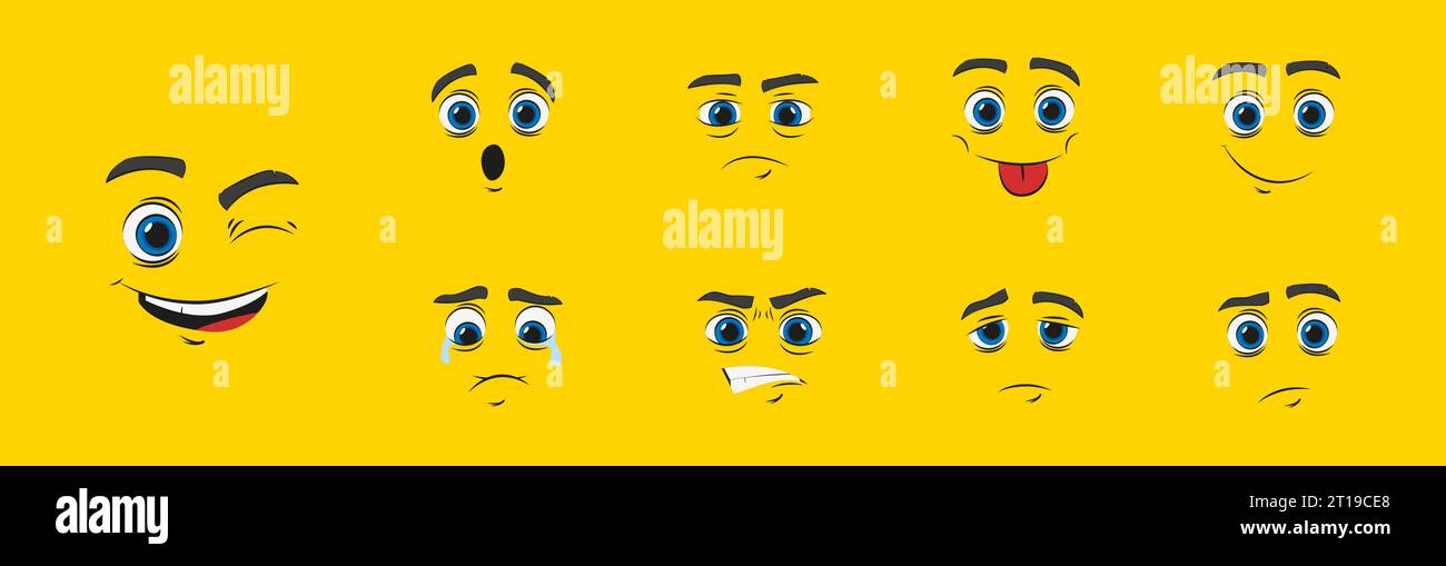 Cartoon faces set, comic icon. Emotion face, expressive eyes and mouth ...