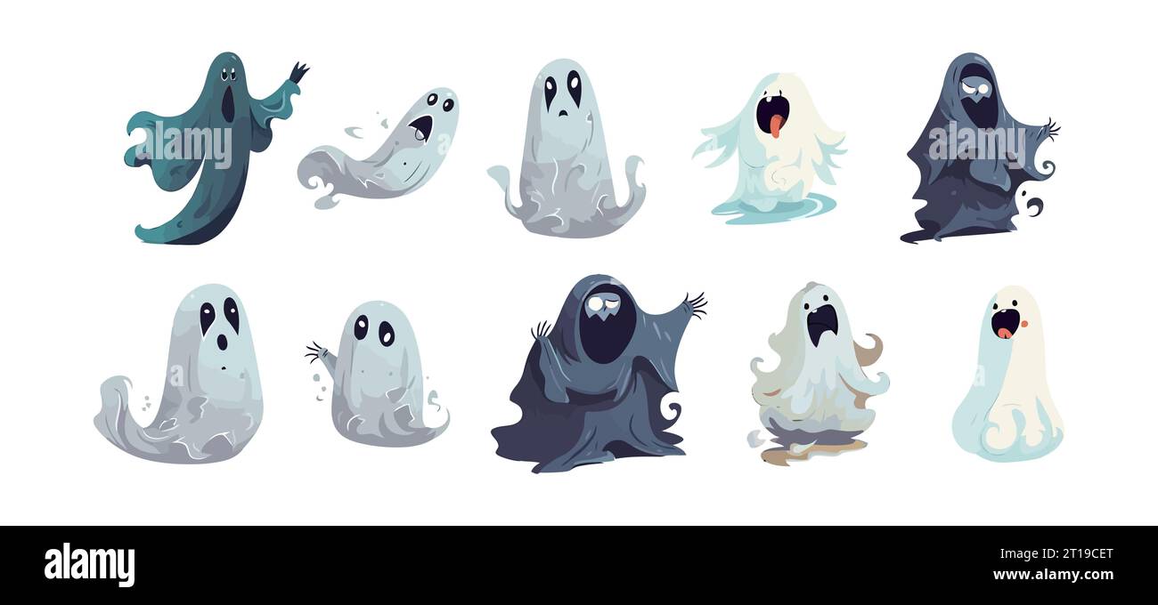 Halloween ghost set flat cartoon isolated on white background. Vector ...