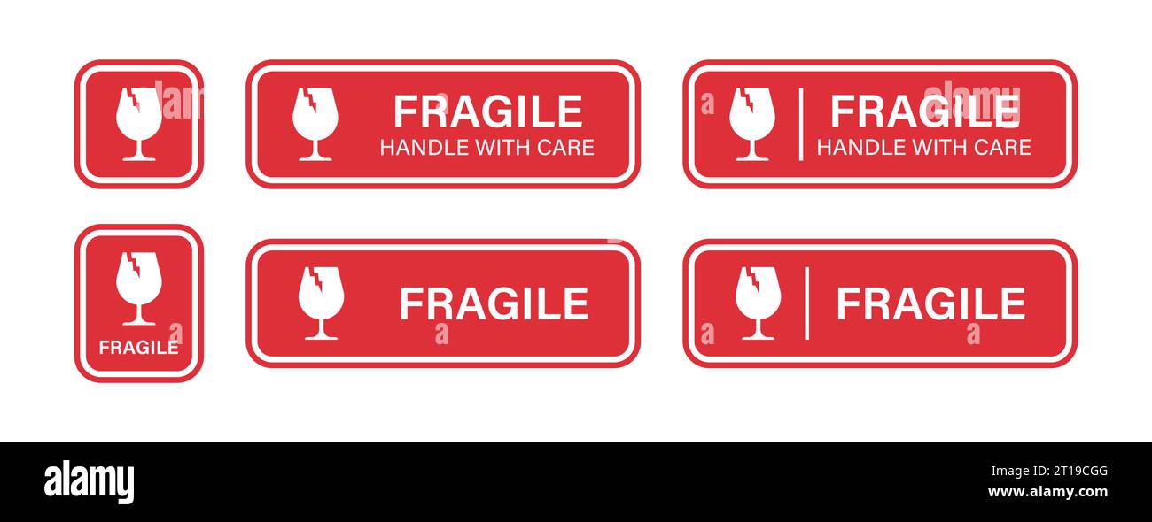 Fragile set red sticks. Handle with care label with broken glass symbol ...