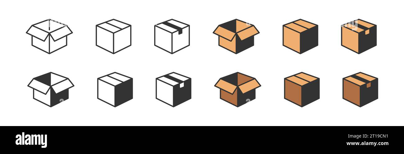Box set line and flat icon. Carton open box and fast delivery symbols ...