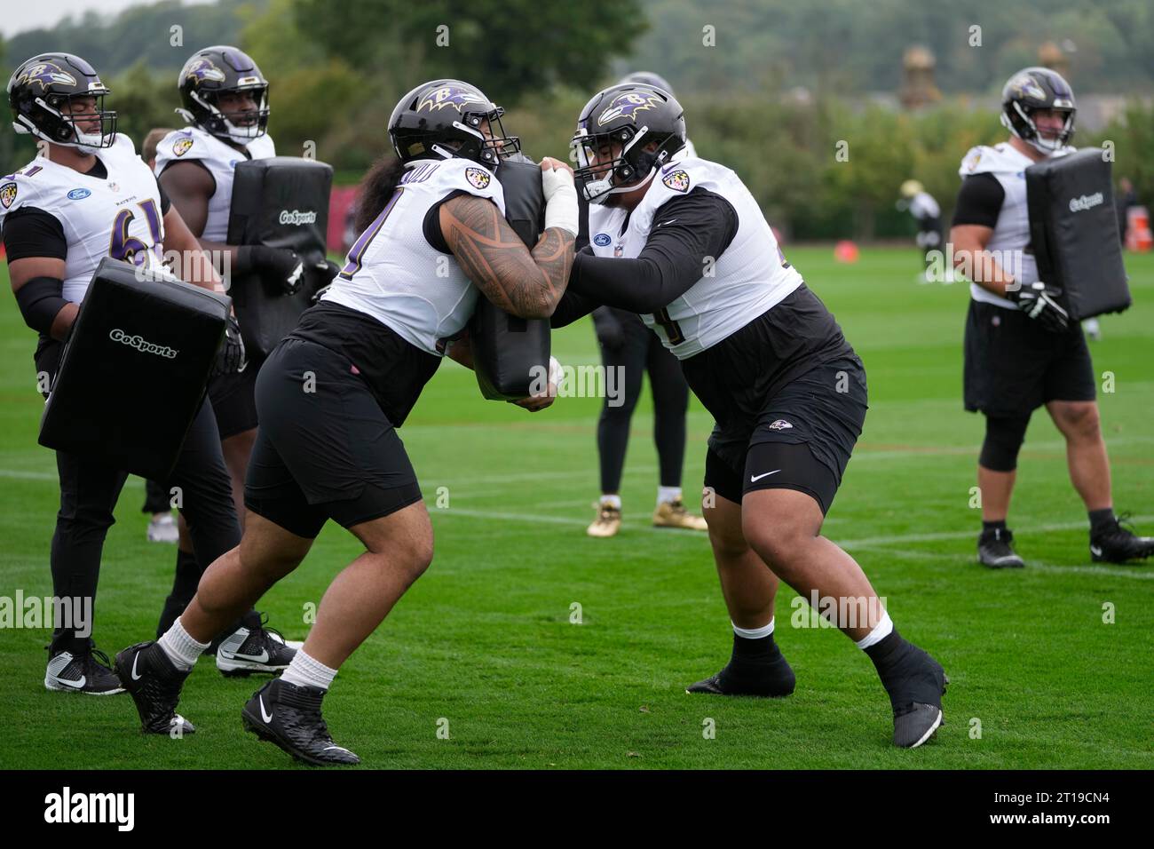 Baltimore Ravens offensive tackle Daniel Faalele (77), right, and ...