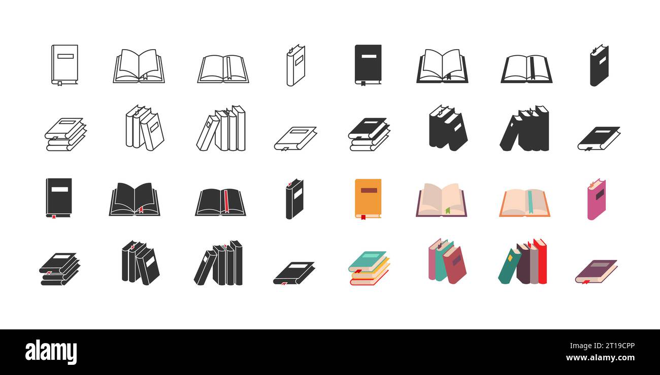 Book icon set in line, glyph and flat style. Education and library sing ...