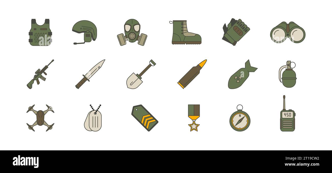 Military and army green flat icons set. War icon, ammunition isolated ...