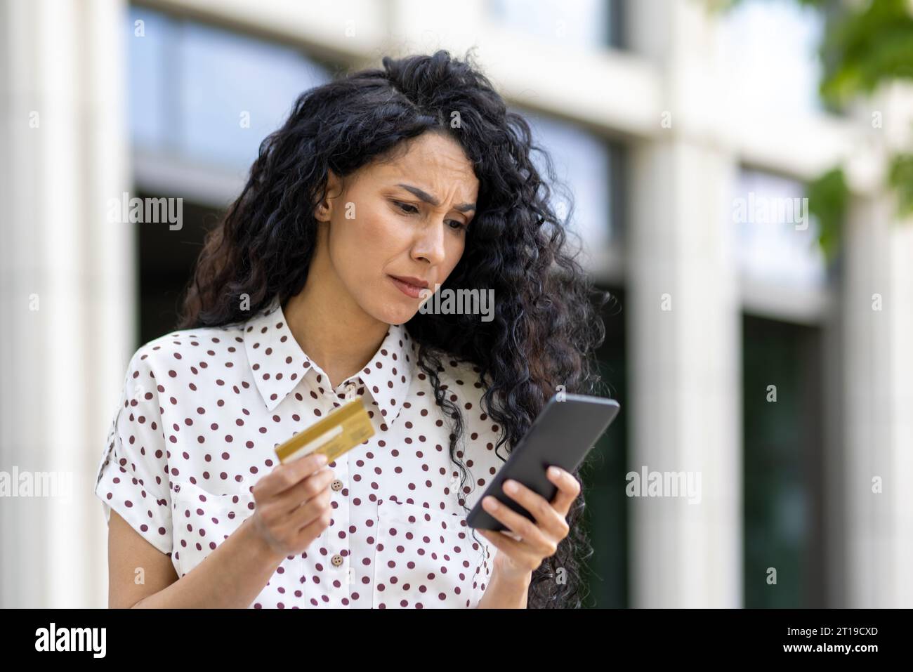 Upset and disappointed woman received money transfer error, Hispanic ...