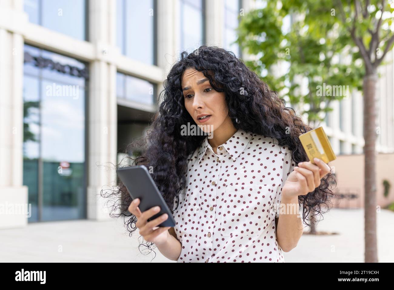 Upset and disappointed woman received money transfer error, Hispanic ...