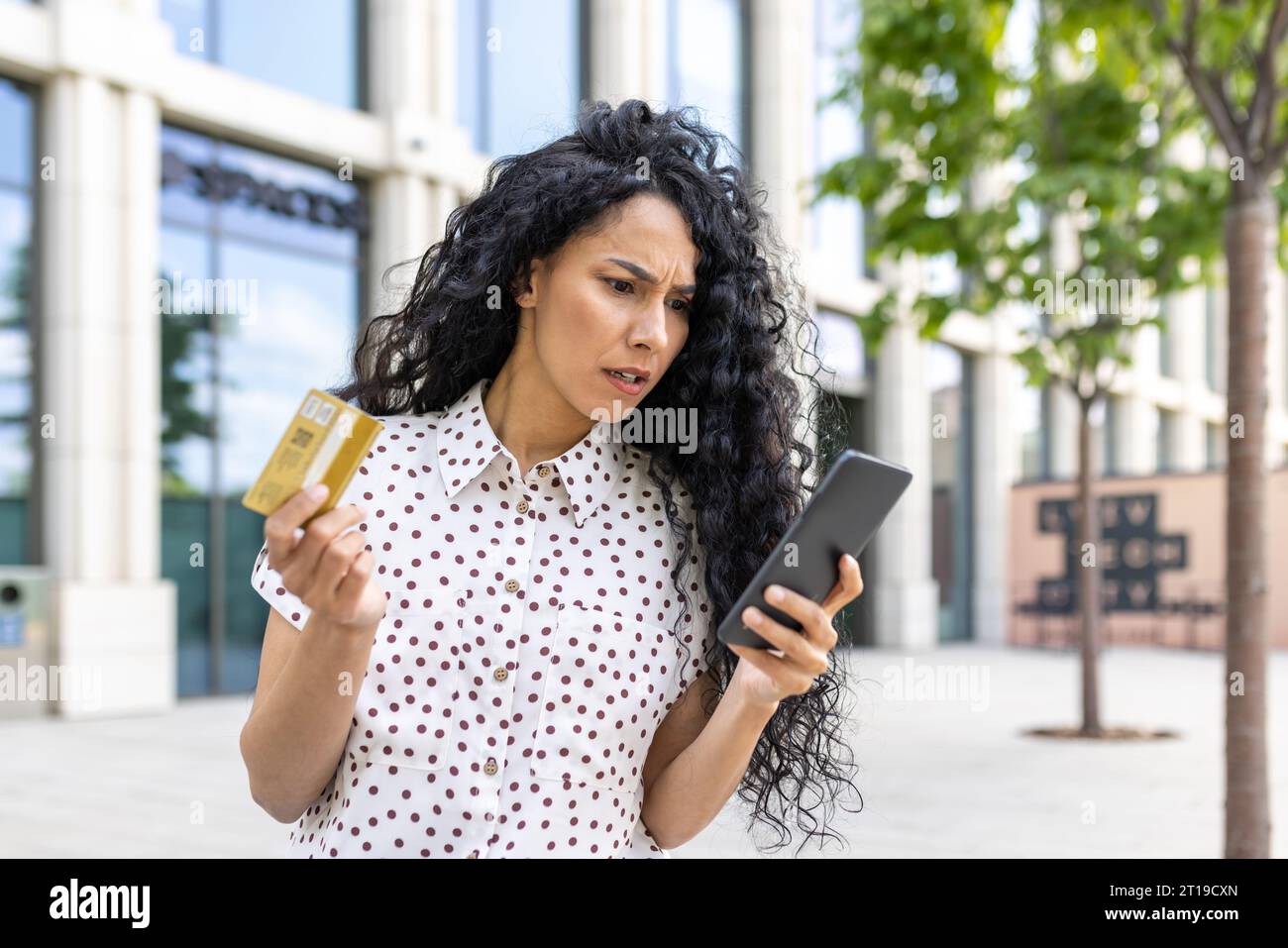 Upset and disappointed woman received money transfer error, Hispanic ...