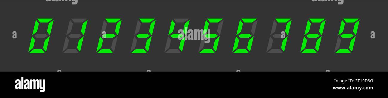 Digital number green on black background. Calculating machine electronic display set isolated ...