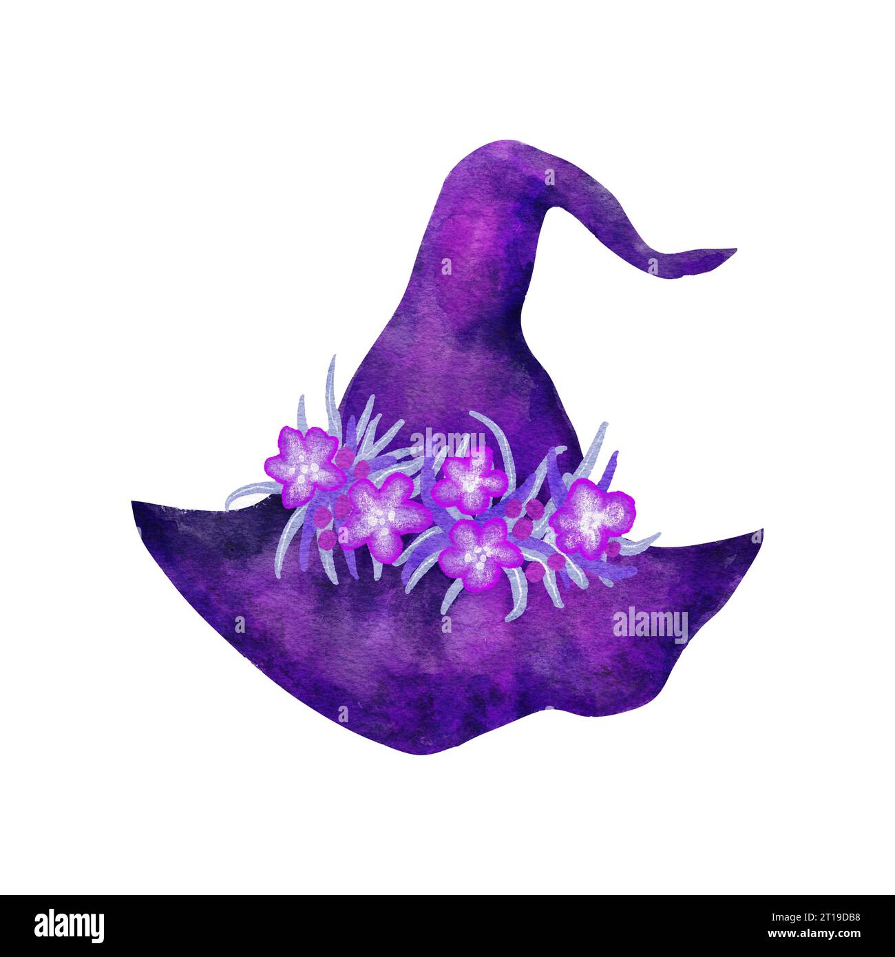 Hand drawn illustration of dark purple witch hat with flowers, creepy ...
