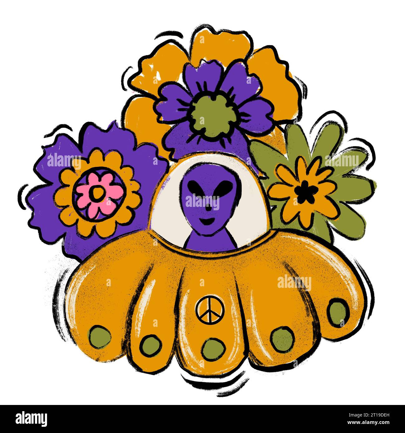 Hand drawn illustration of cute funny alien in ufo spacship saucer ...