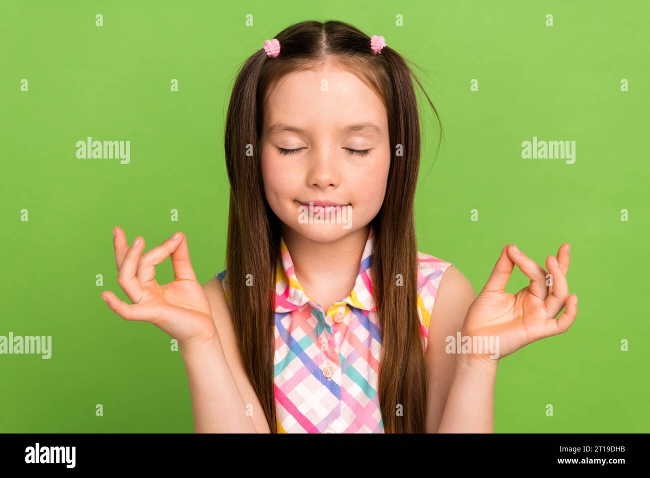 Photo of peaceful pretty girl eyes closed wear stylish clothes two hand ...