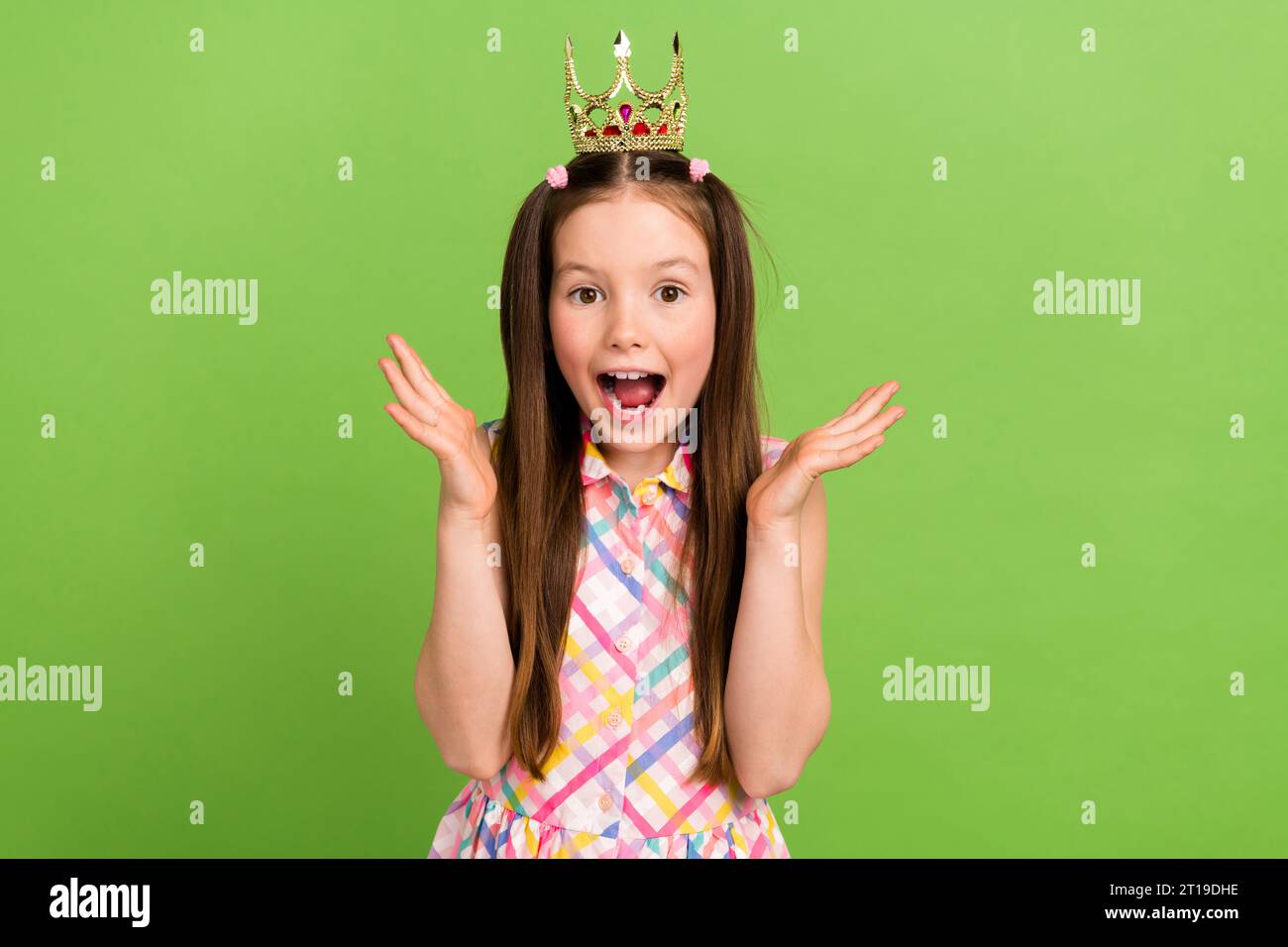 Photo of impressed adorable girl wear stylish costume wear golden crown ...