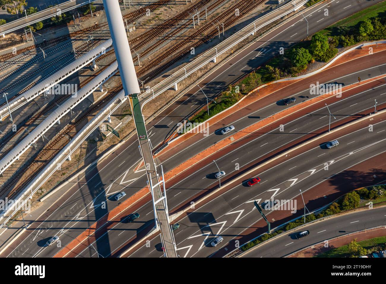 Aerial view of a Western Australian inner city motorway and rail ...