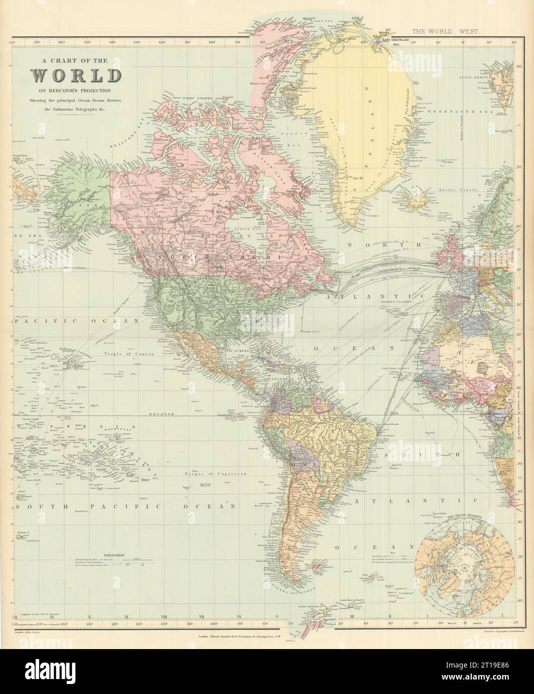 World on Mercator's Projection. West sheet. Americas. 67x55cm. STANFORD ...