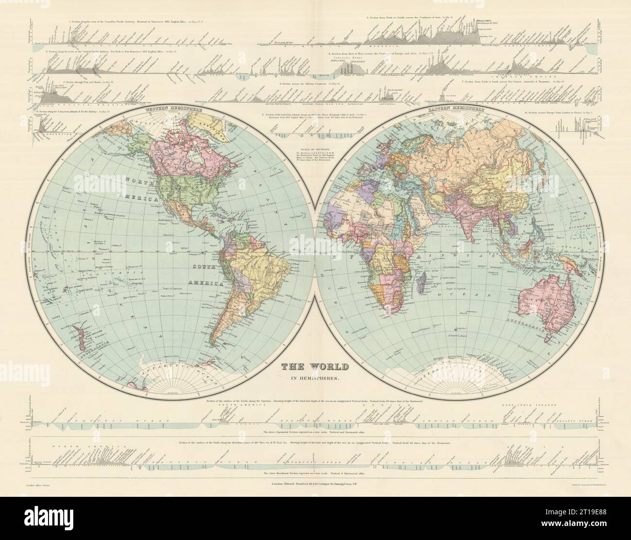 World In Hemispheres with Continental sections. Large 61x49cm. STANFORD ...