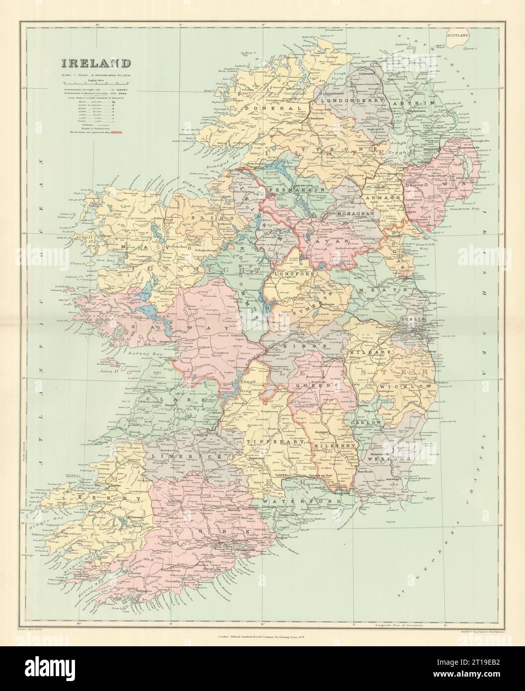 Ireland. Counties, railways & provinces. Large 64x52cm. STANFORD 1894 ...