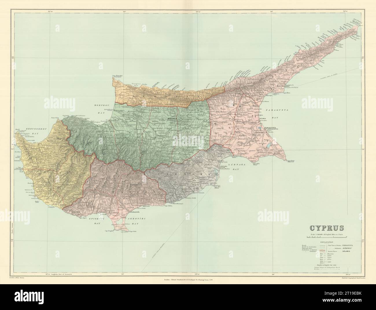 Cyprus. Districts. Ancient sites. Large 51x66cm. STANFORD 1894 old ...