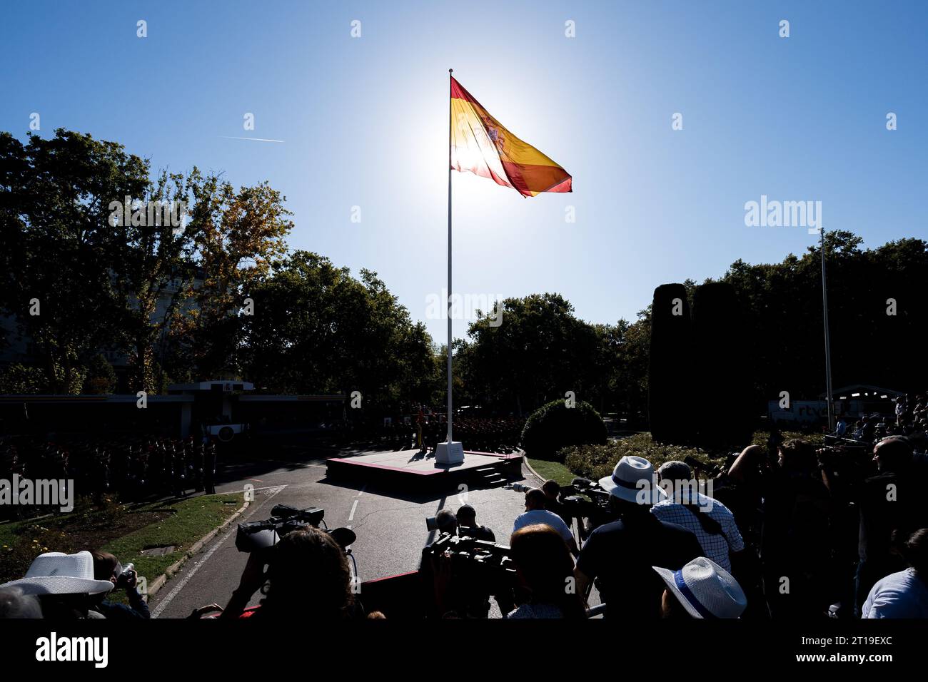Madrid, Spain. 12th Oct, 2023. The flag of Spain flies at the beginning ...