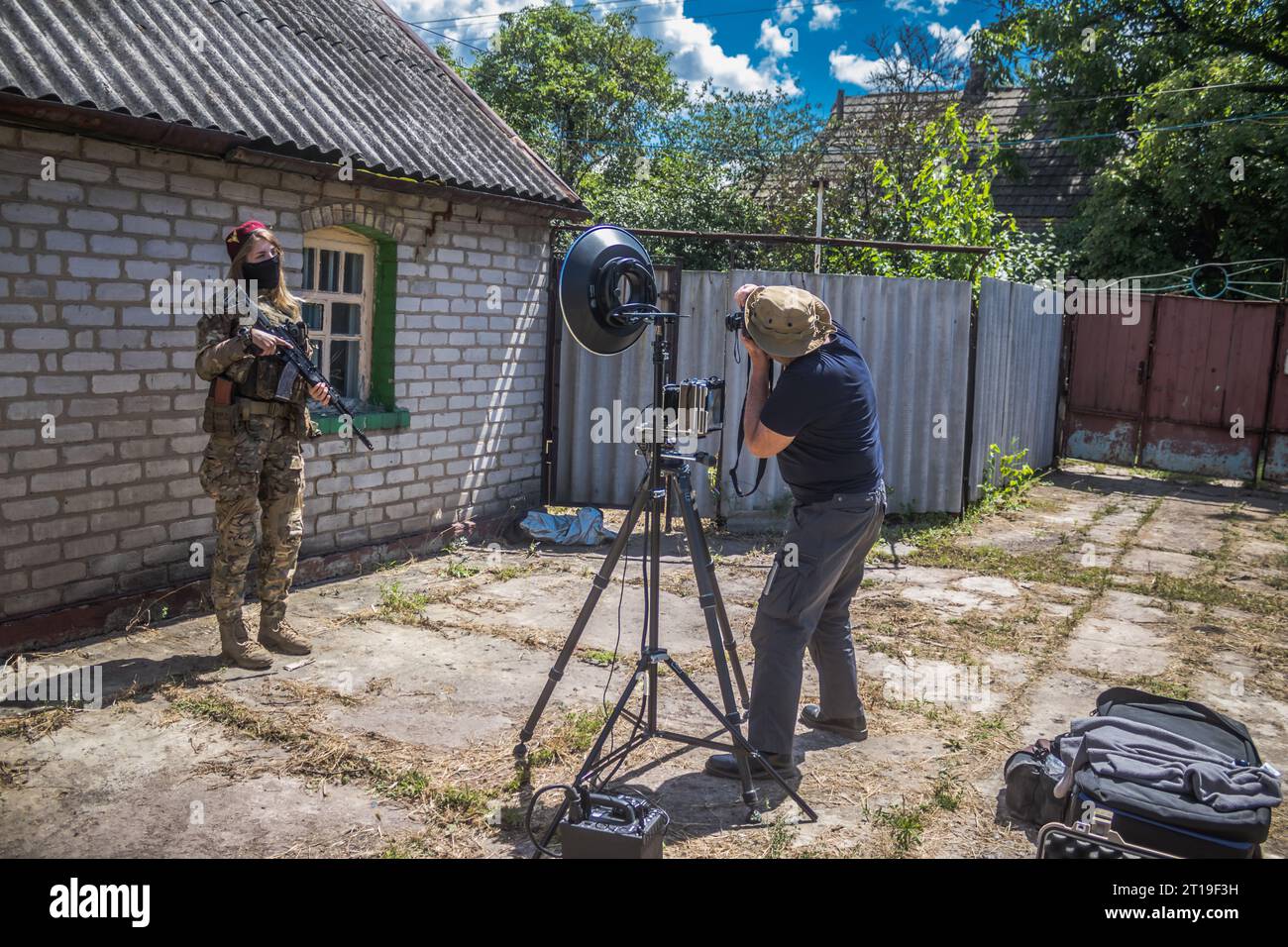 Donbas, Ukraine - July 17, 2023 Portrait of a Belarusian female soldier ...