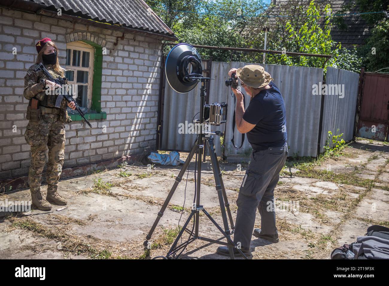 Donbas, Ukraine - July 17, 2023 Portrait of a Belarusian female soldier ...