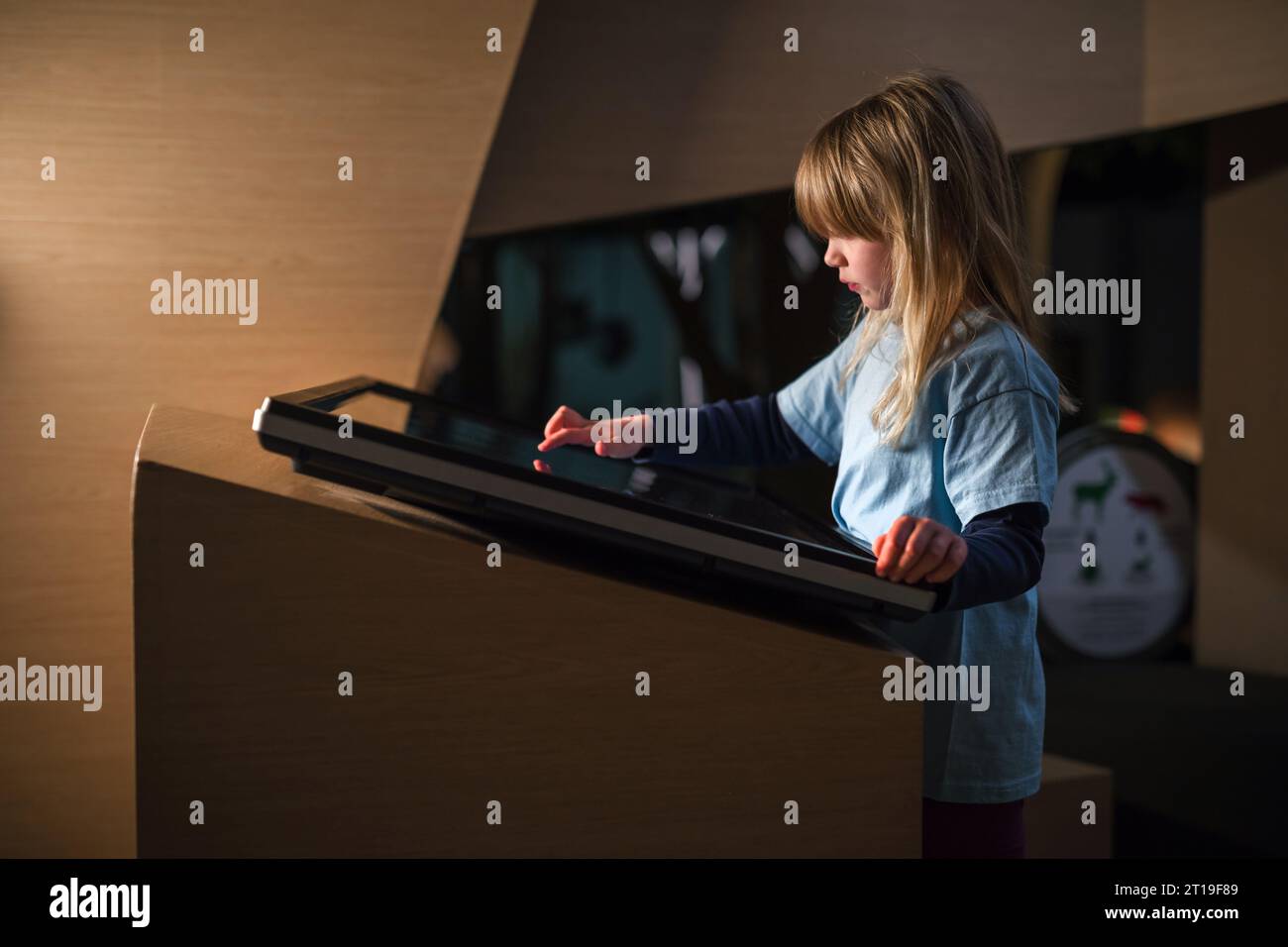 Primary school girl using big touch screen display and delighted ...