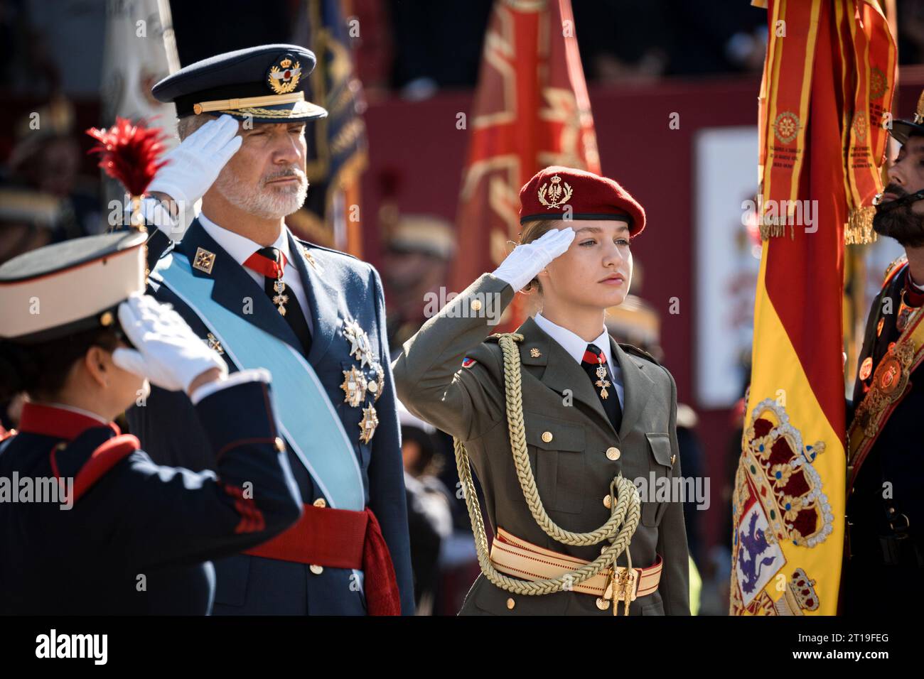 King Felipe VI and Princess Leonor de Borbón salute during the National ...