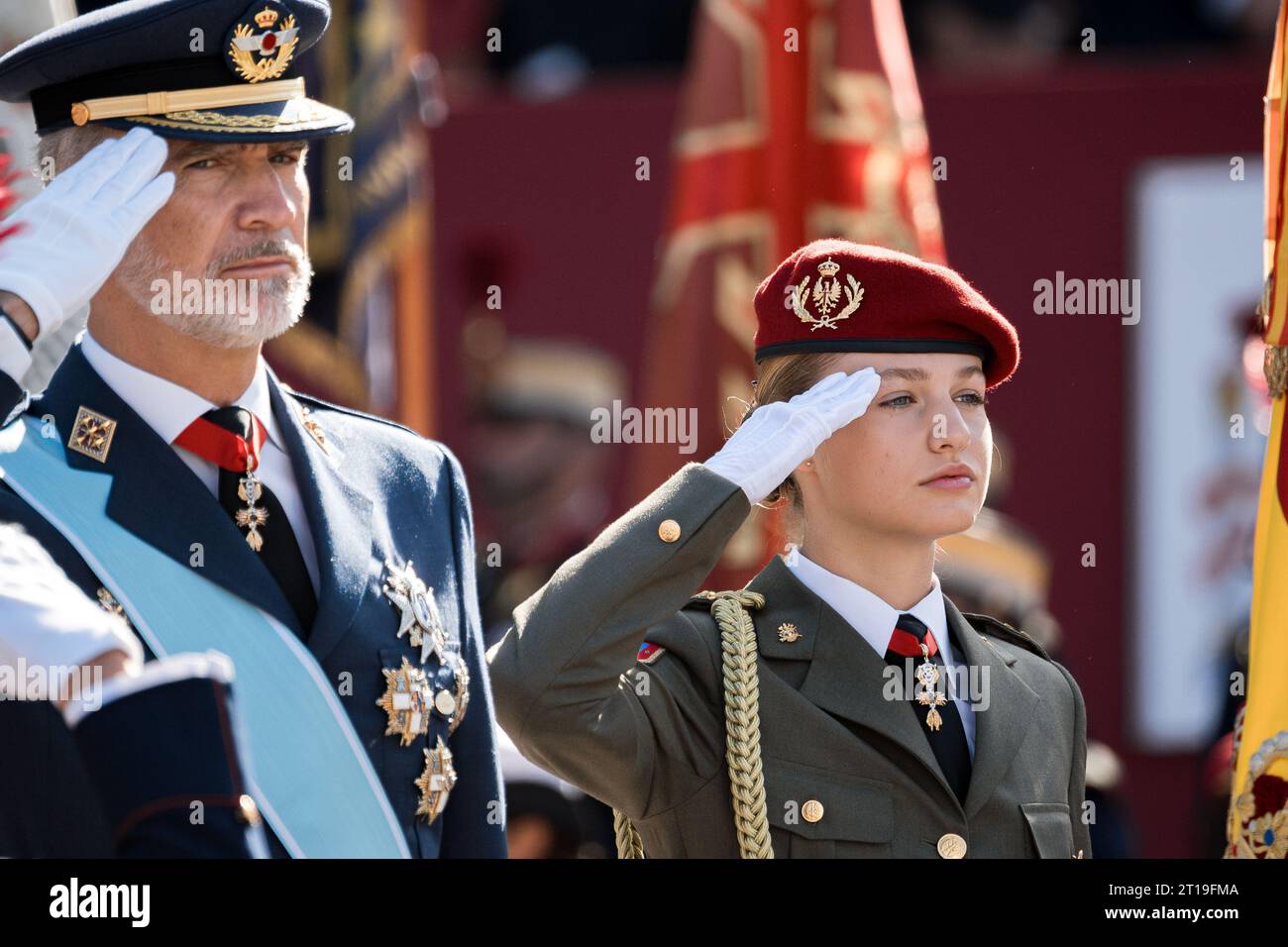 King Felipe VI and Princess Leonor de Borbón salute during the National ...