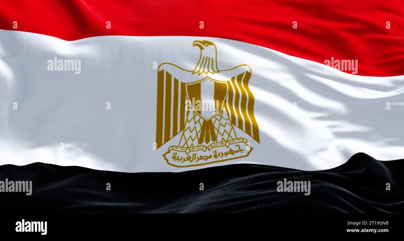 Close-up of Egypt national flag waving in the wind. Horizontal red ...