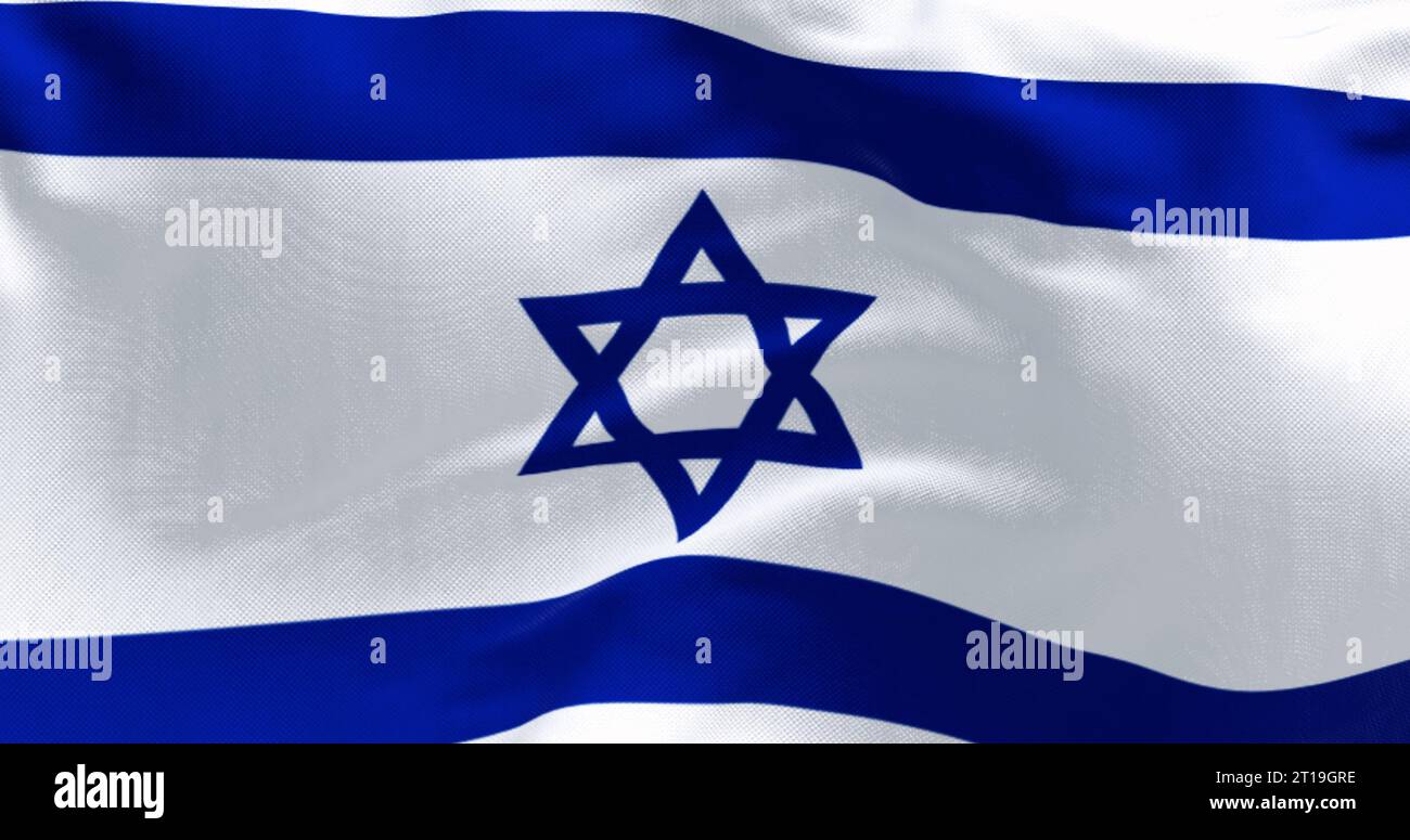 State of Israel national flag waving in the wind. Blue Star of David in ...