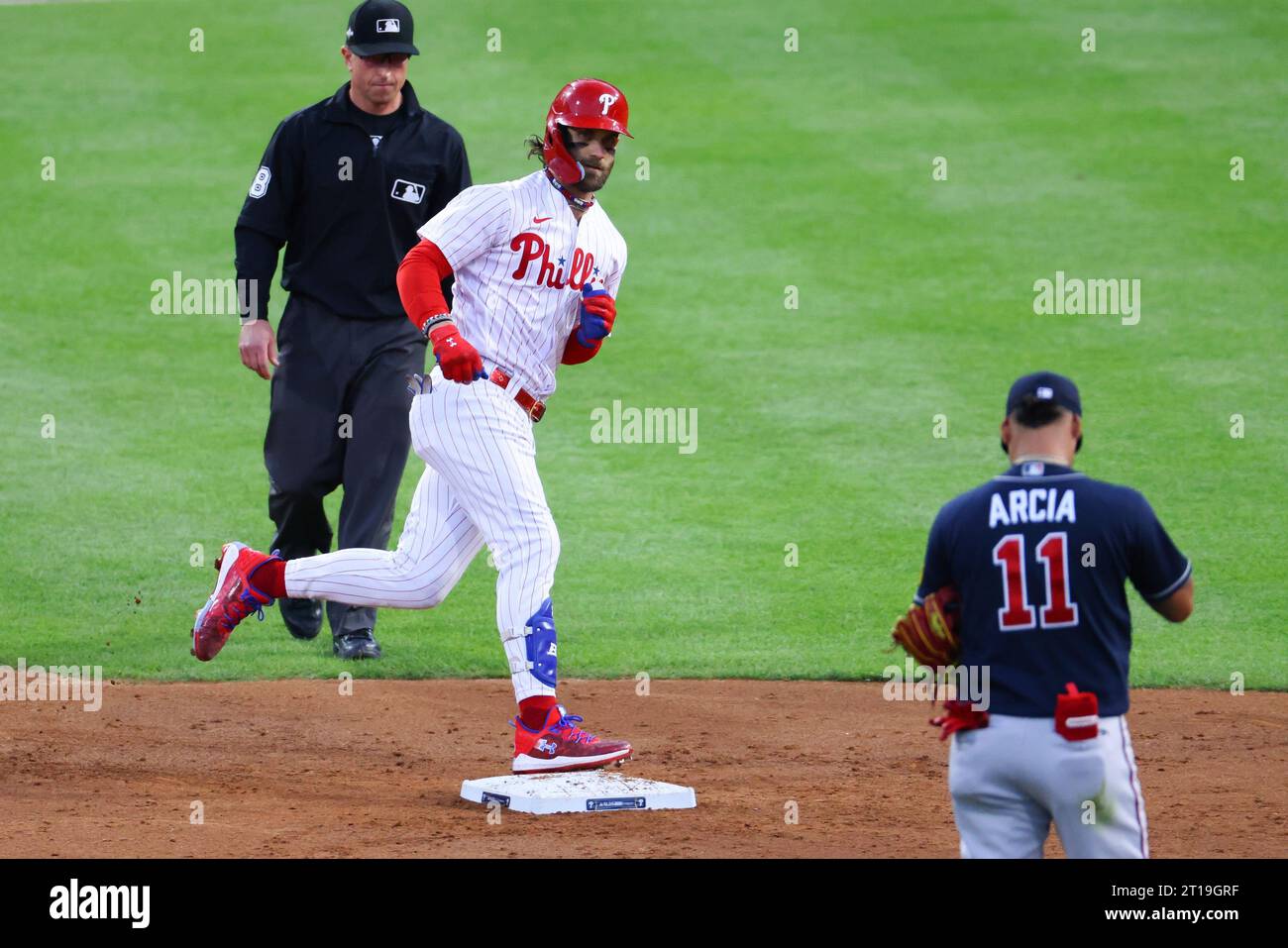 PHILADELPHIA, PA - OCTOBER 11: Bryce Harper #3 of the Philadelphia Phillies stares back at ...