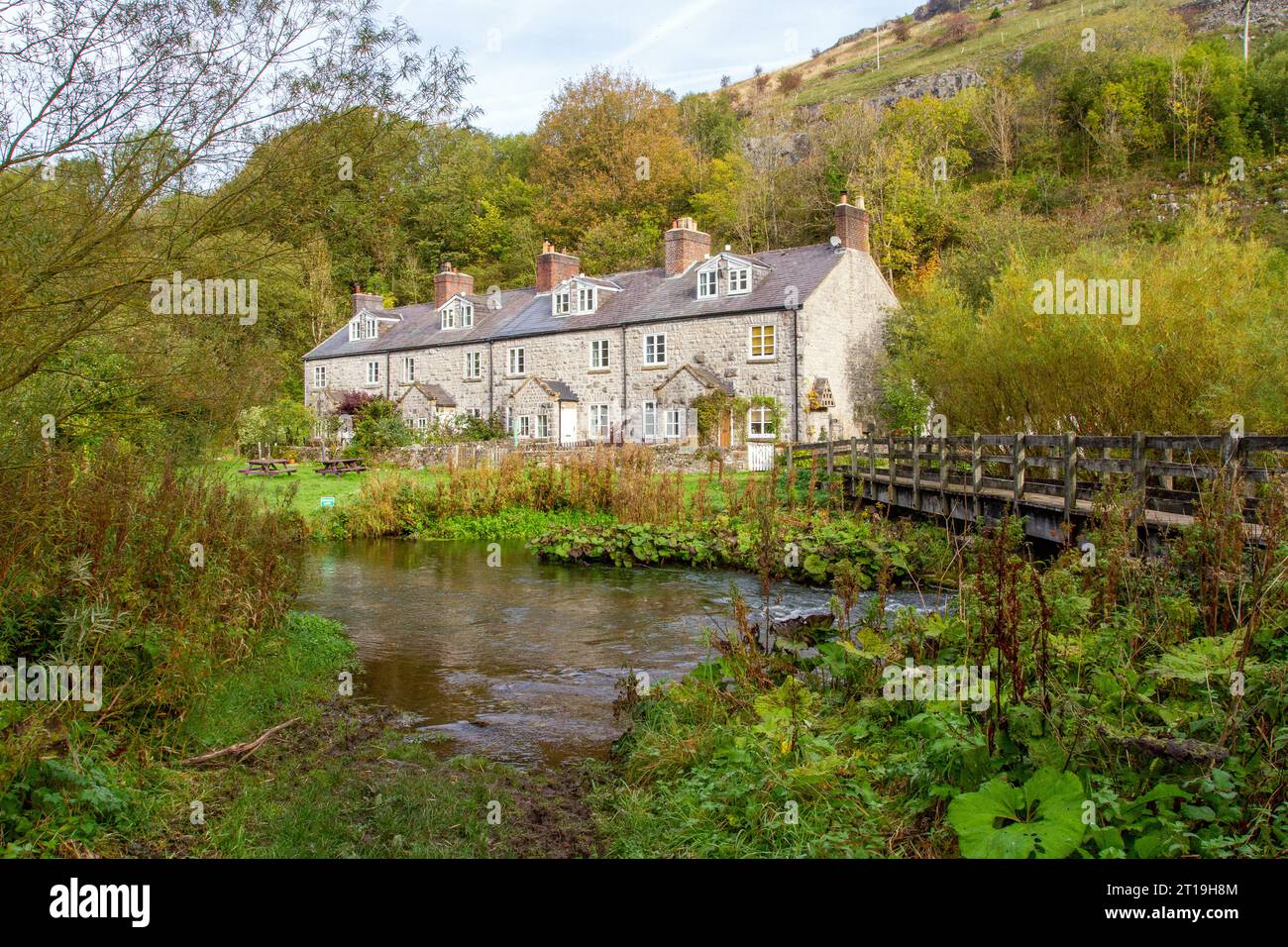 Former railway cottages on the river Wye at Blackwell Mill in Monsall ...