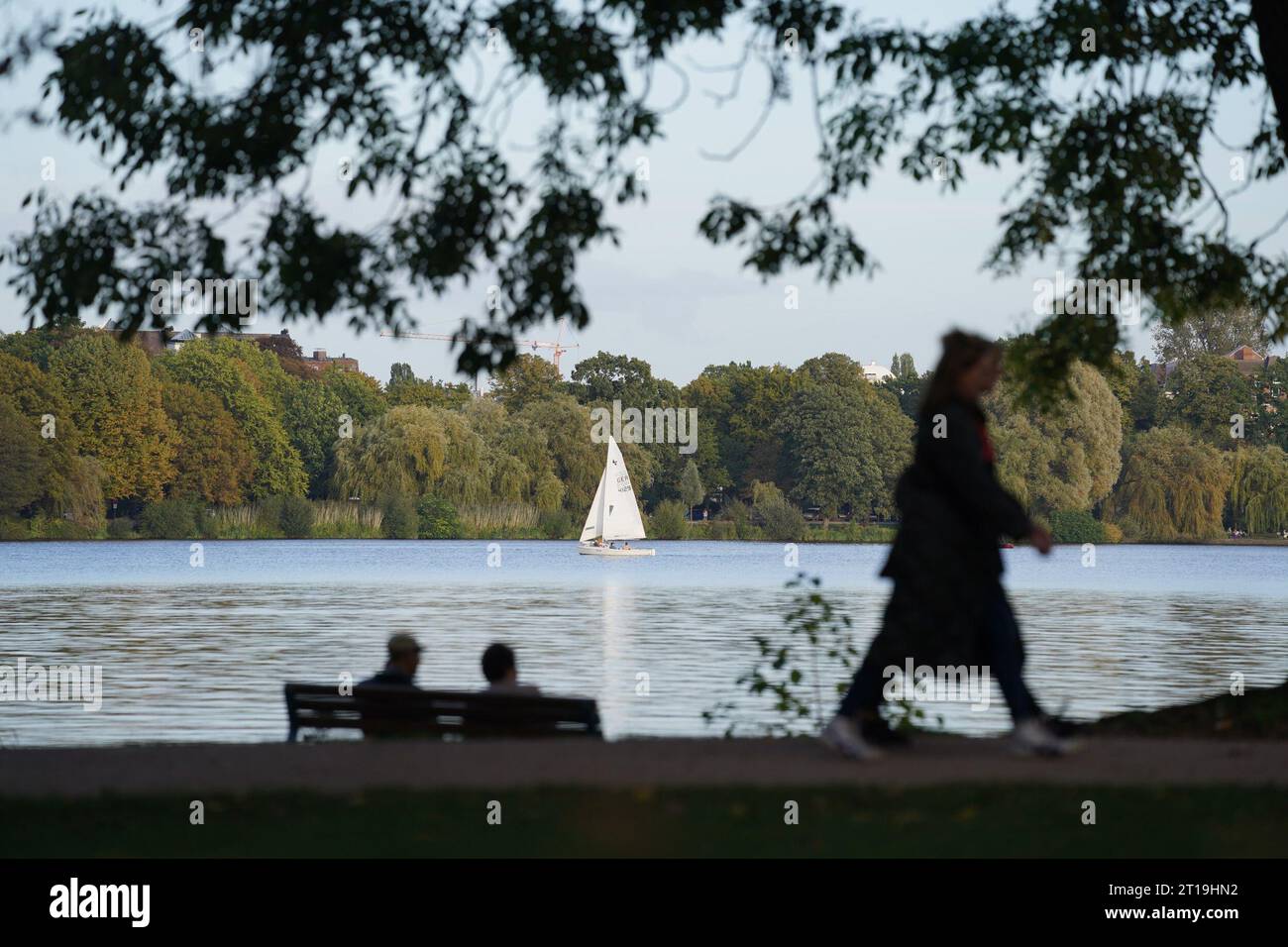 12 October 2023, Hamburg: A sailboat sails on the Außenalster in the ...