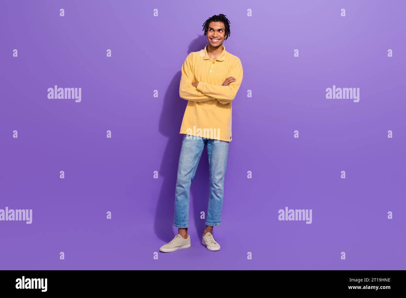 Full body photo of successful startup guy young age folded arms ...